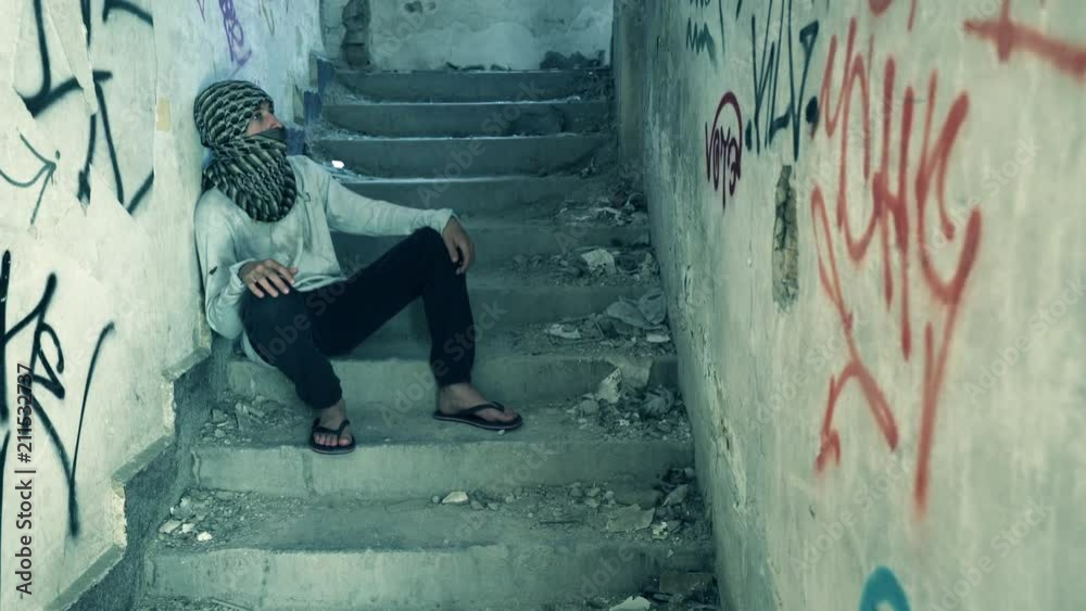 Refugee arabic boy in a ruined building - orphan and homeless Stock ...