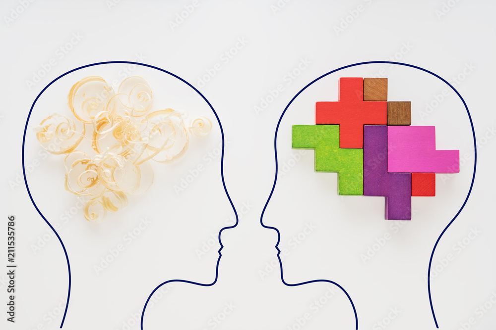 Heads of two people with sawdust brain shape and colorful geometric ...