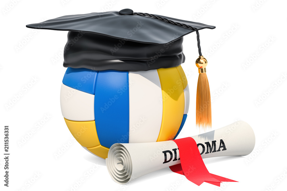 Volleyball ball with graduation cap and diploma. 3D rendering Stock ...
