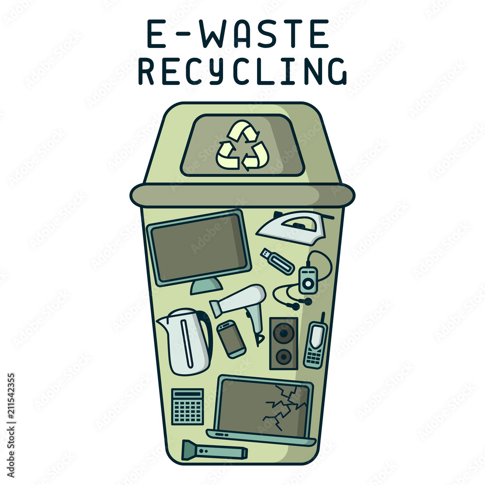 E-waste illustration with trash and dumpster. Linear style vector ...