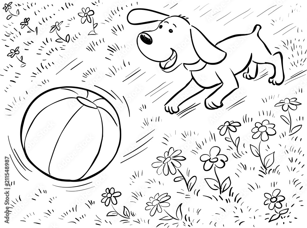 Doodle coloring page - dog play ball Stock Vector | Adobe Stock