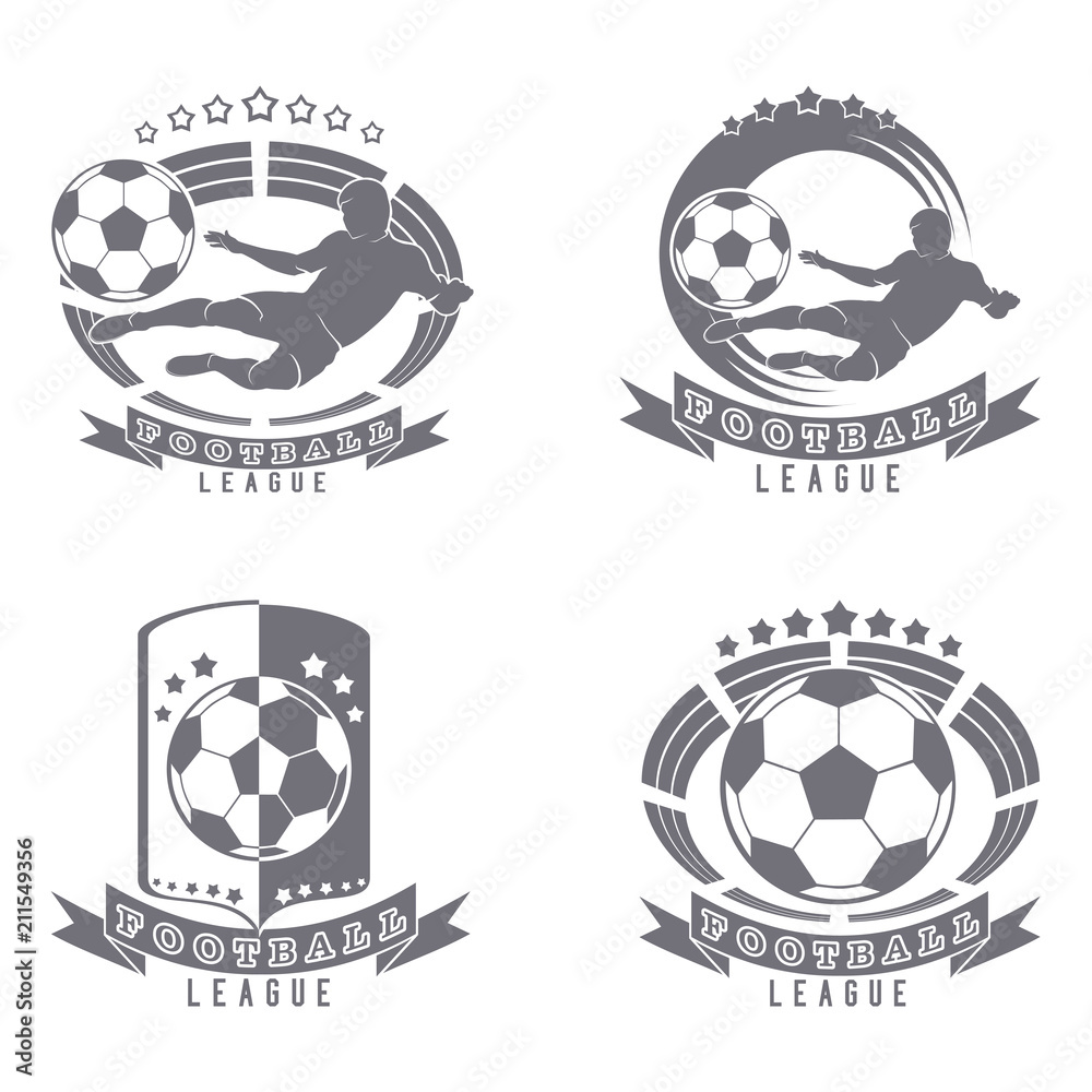 set of Football logos with a ball, football silhouette, shield, arena ...