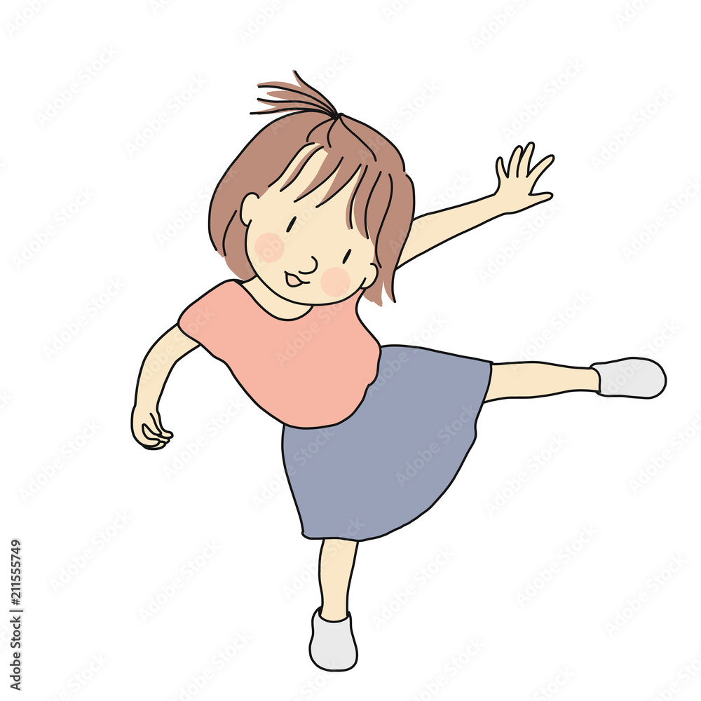Vector illustration of little playful kid girl standing on one leg ...