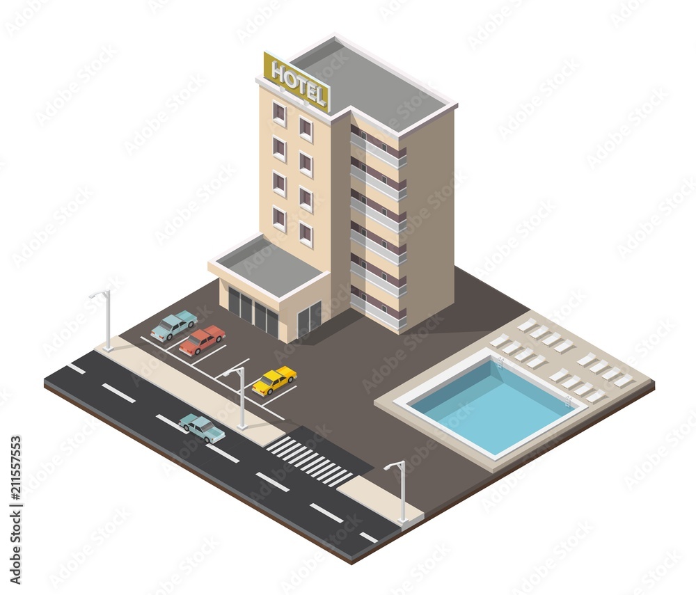 Isometric hotel building with pool low poly illustration Stock Vector ...