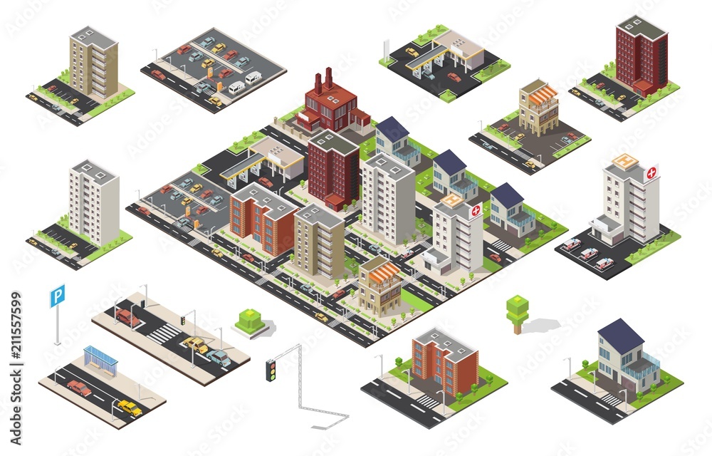 Isometric big set of city cityscape vector low poly elements Stock ...