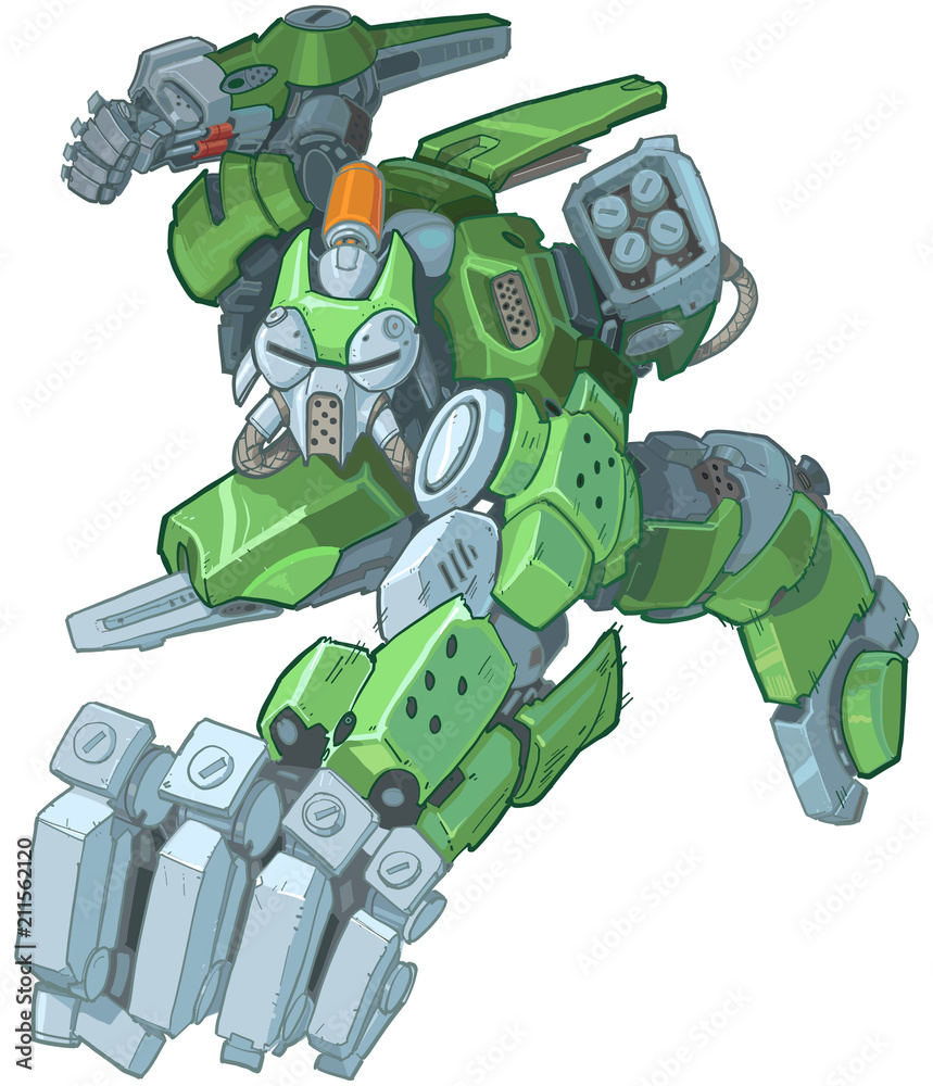 Humanoid Green Cartoon Soldier Robot Punching Illustration Stock Vector ...