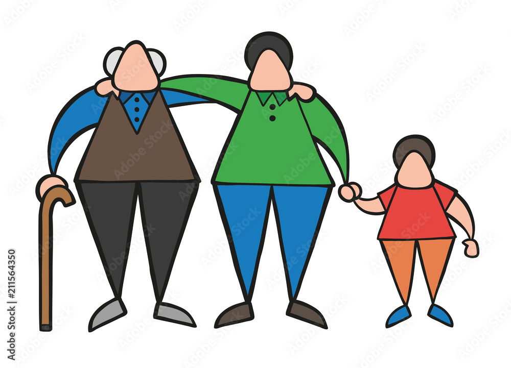 Vector cartoon old man standing with walking stick, hugging his son and ...