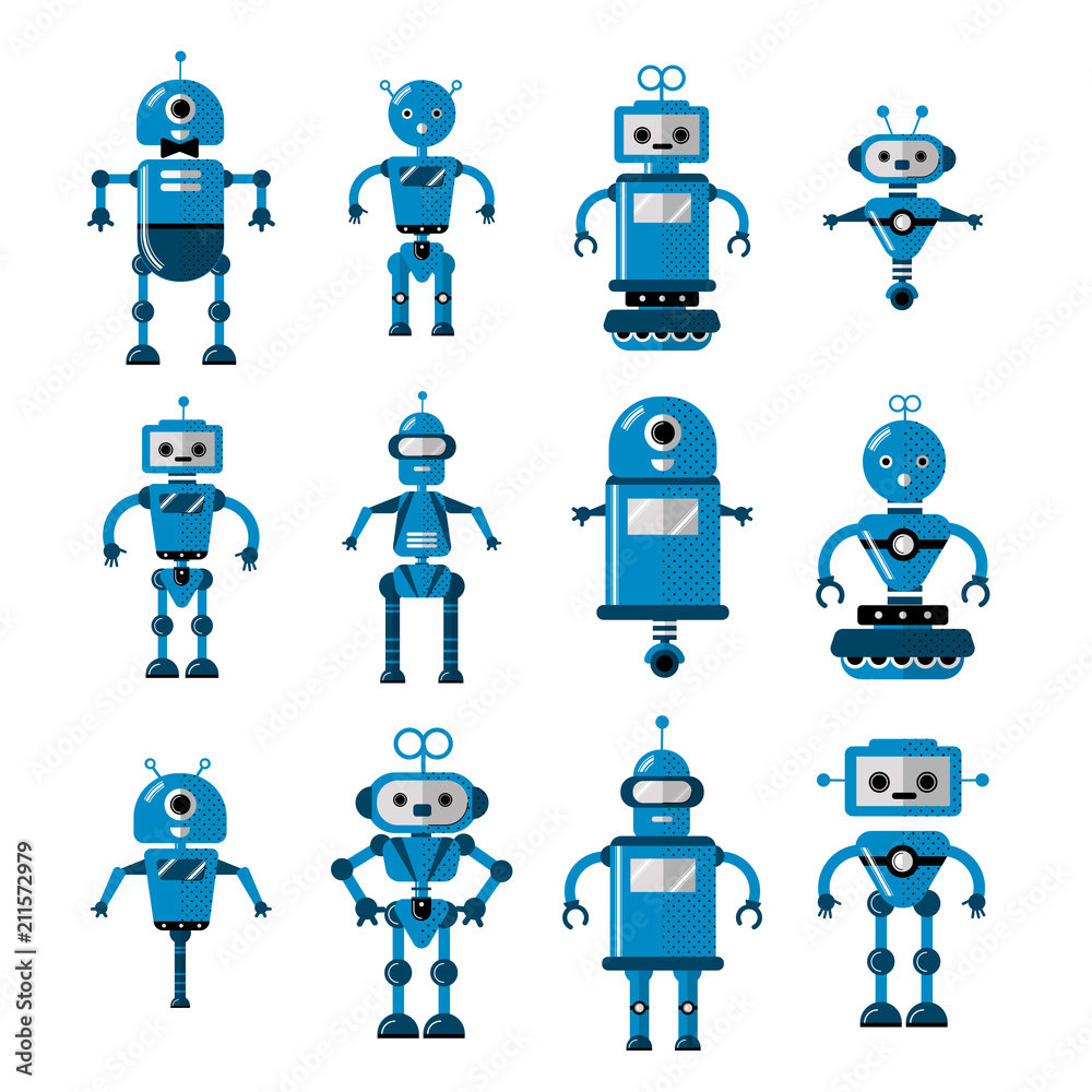 Set of vector robots in flat cartoon style. Cute Cartoon Robotic Character Artificial ...