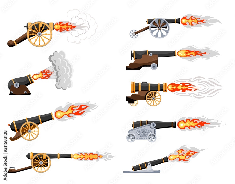 Set Vintage gun. Color image of medieval cannon firing on a white ...