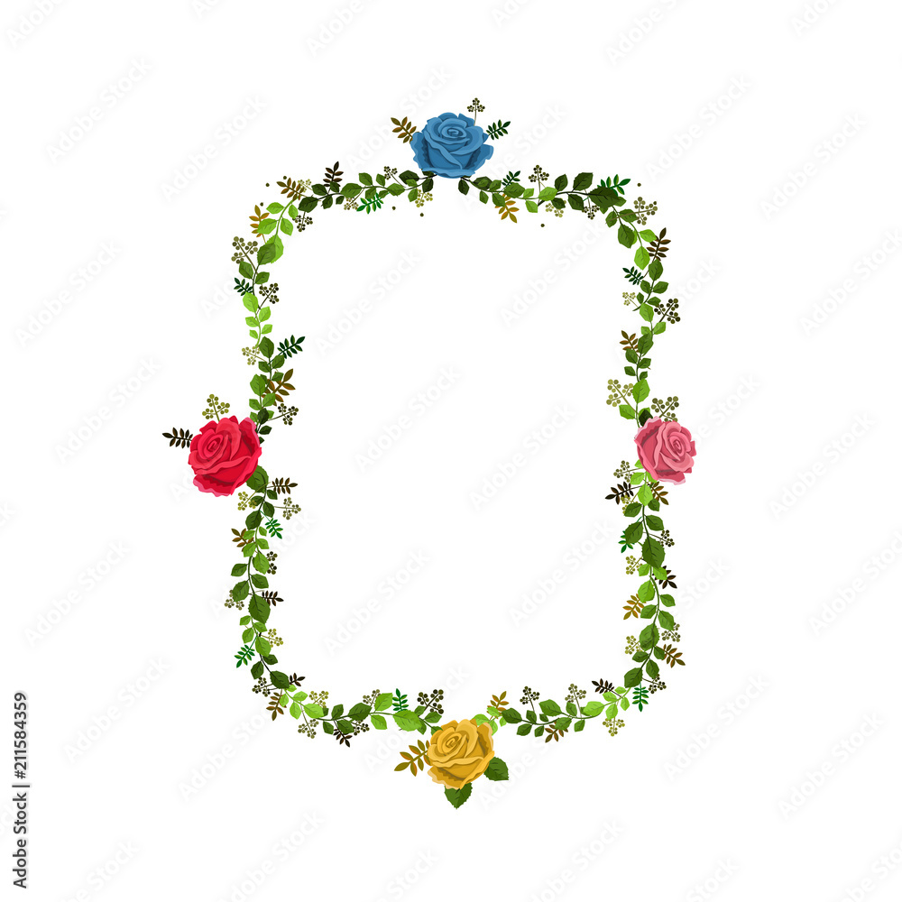 Rectangular frame decorated with roses and leaves, isolated on white ...