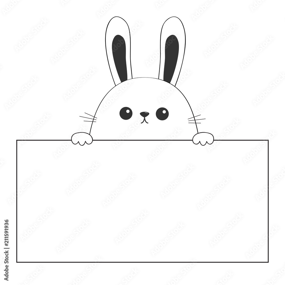 Rabbit happy face head icon hanging on paper board template. Paw hands ...