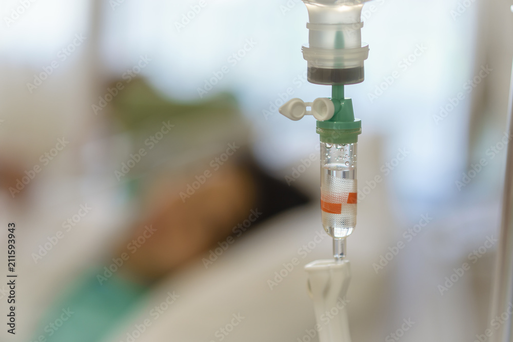 Saline solution for intravenous infusion in hospital, infusion dripping ...