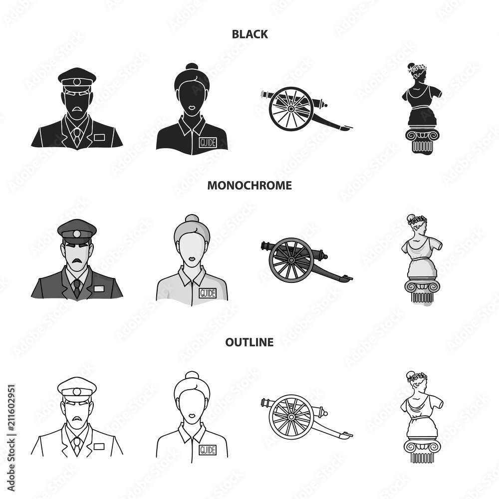 Guard, guide, statue, gun. Museum set collection icons in black ...