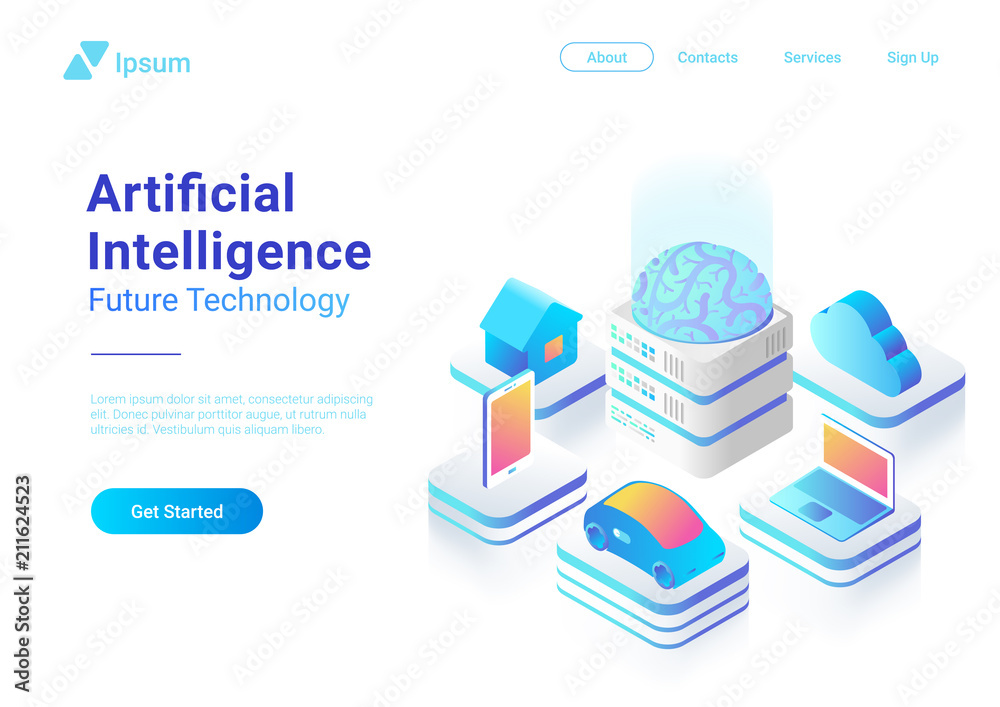 Isometric flat Artificial Intelligence Brain technology vector Stock ...
