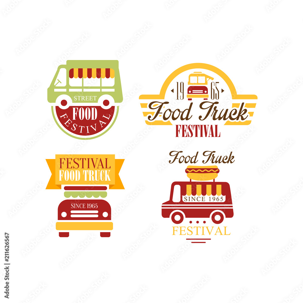 Vector set of colorful food truck emblems logos with lettering. Street ...