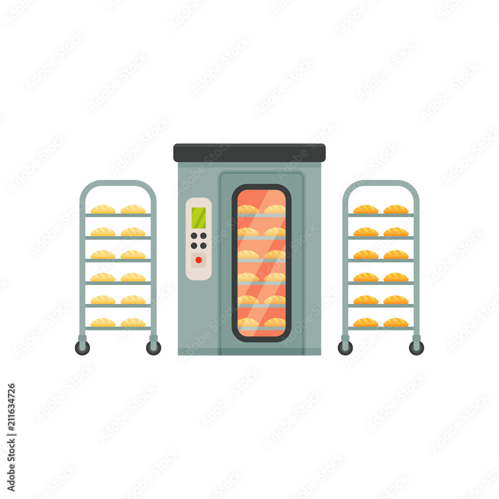 Bread baking in the oven, stage of bread production process on a white ...