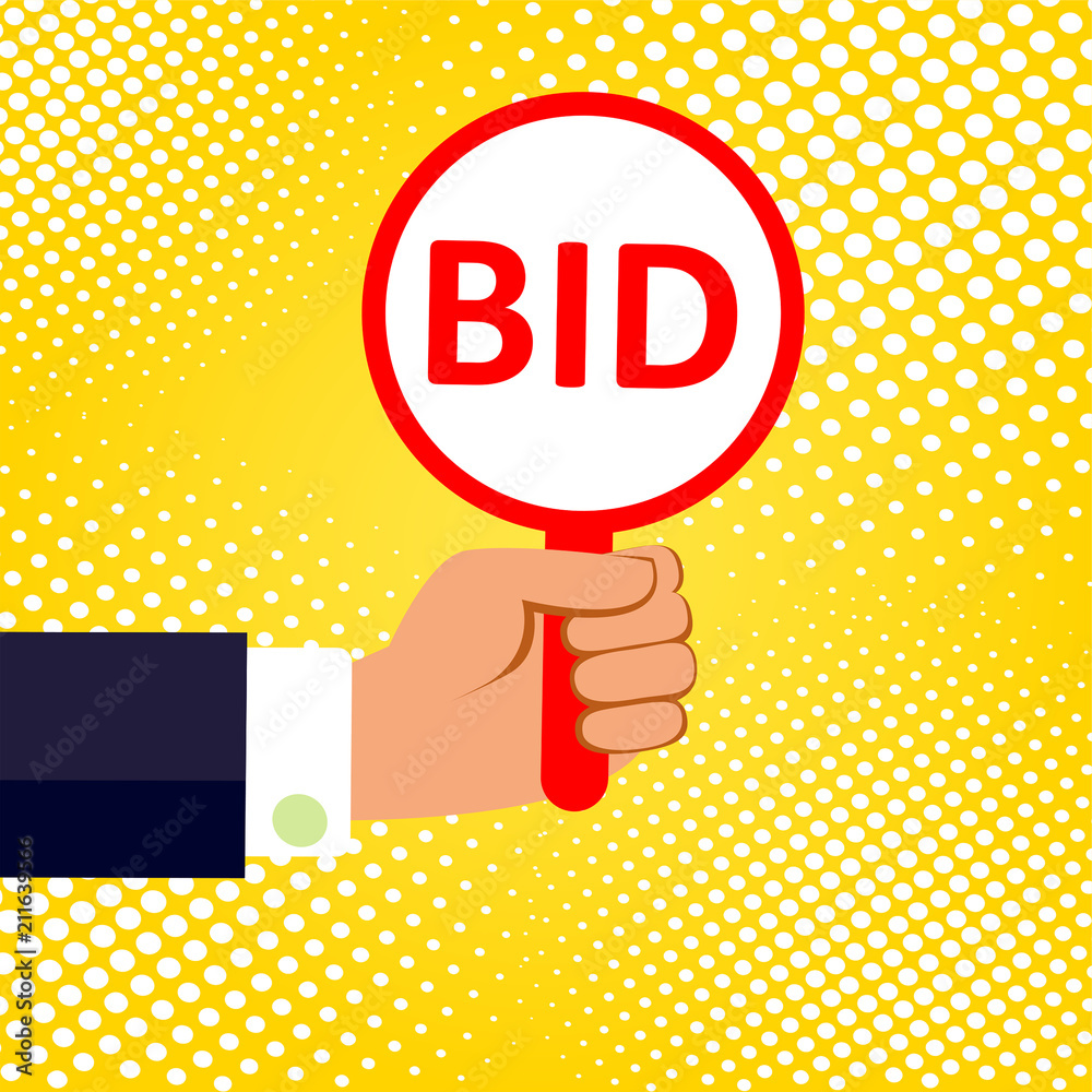 Cartoon vector illustration of hand holding plate with word BID Stock ...