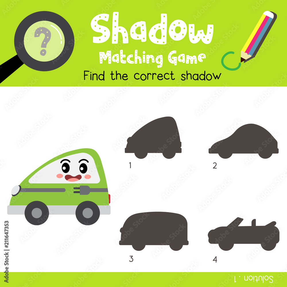 Shadow matching game of Electric Car cartoon character side view ...