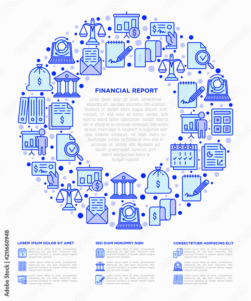 Financial report concept in circle with thin line icons: bank ...
