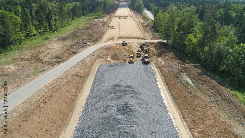 Construction of toll roads in rural areas. Aerial view construction of ...