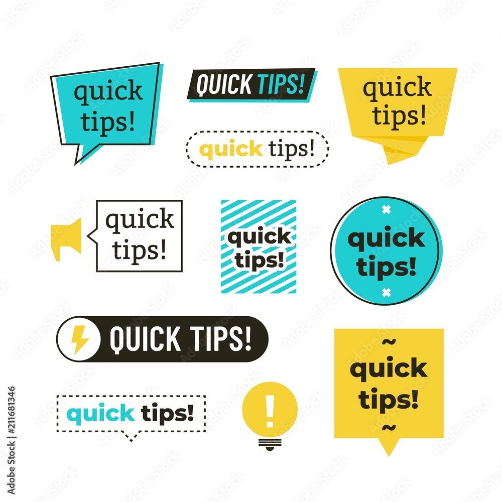 Advice, tip, quick tips, helpful tricks and suggestions vector logos ...