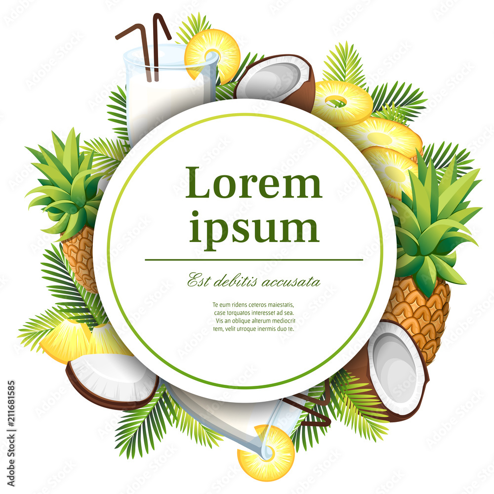 Exotic pattern. Pina colada with coconut, pineapple. Drinking glass ...