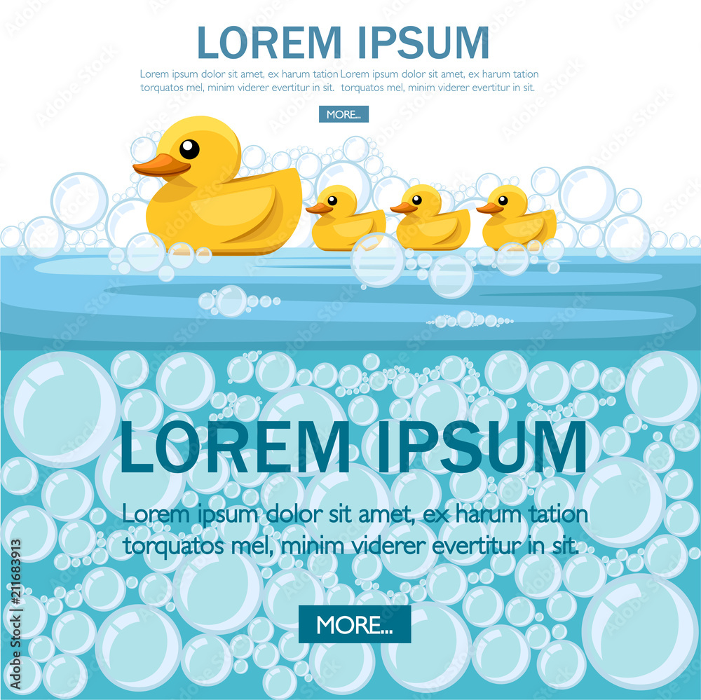 Yellow rubber duck. Cartoon cute ducky for bath. Flat vector illustration on white and bubbles ...