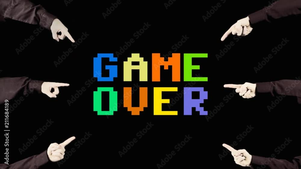 Vidéo Stock Many hands pointing at a simple plain Game Over screen ...