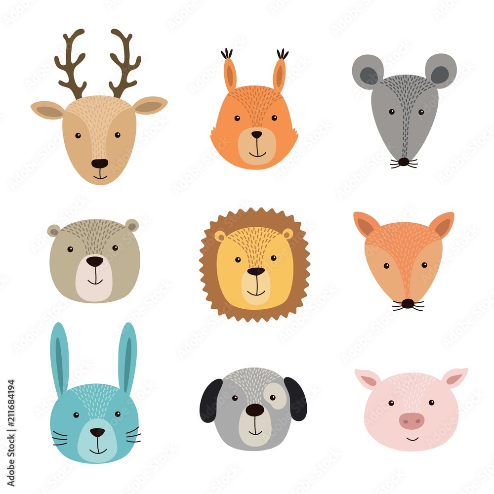 Vector illustration of animal faces including deer, squirrel, hare ...