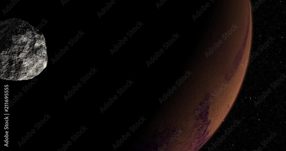 An asteroid tumbles slowly in space as it passes Mars. Reversible, can ...