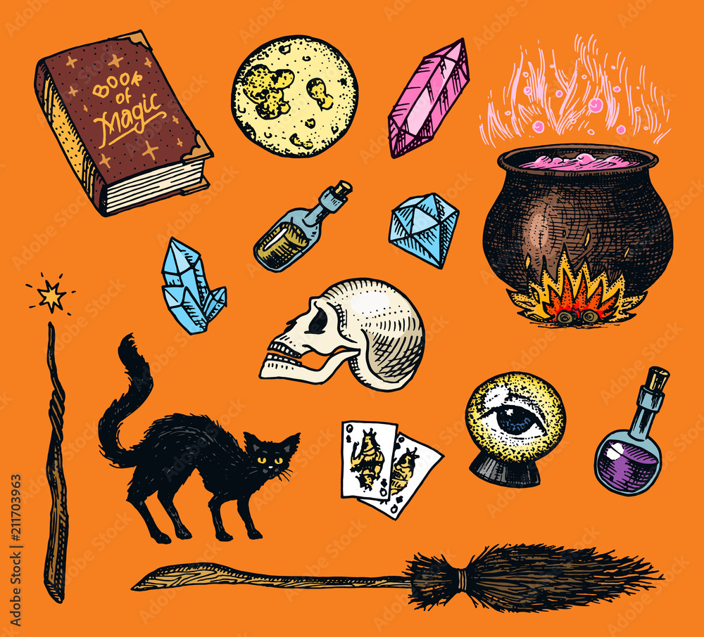 Vintage Halloween elements stickers. Magic ball, witch with book of ...