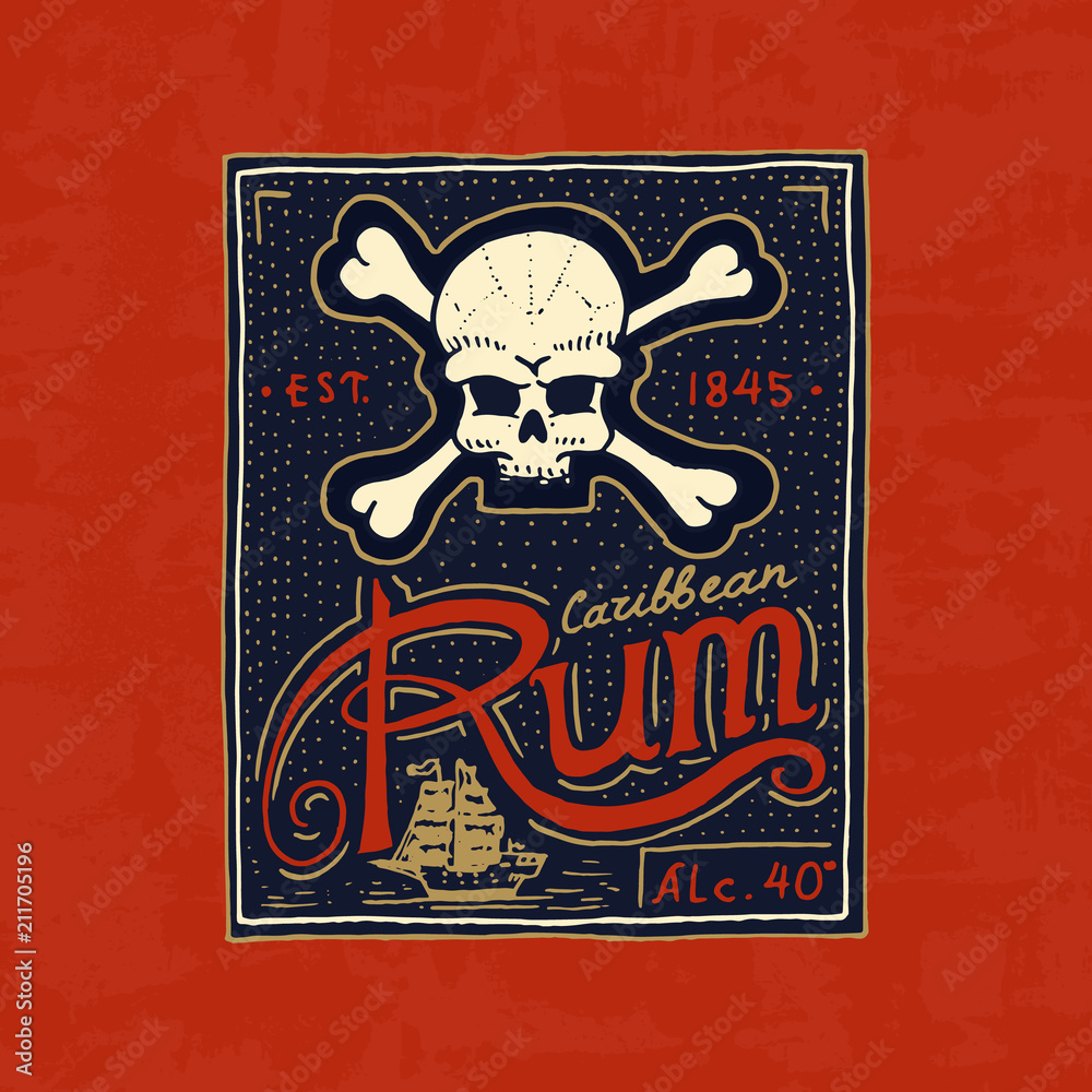 Vintage rum label badge. Strong Alcohol logo with calligraphic element ...