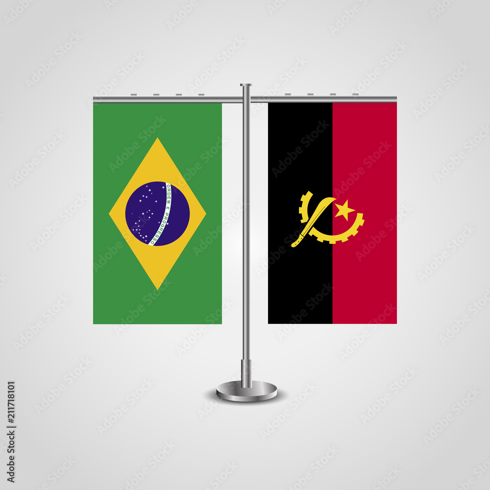 Table stand with flags of Brazil and Angola.Two flag. Flag pole ...
