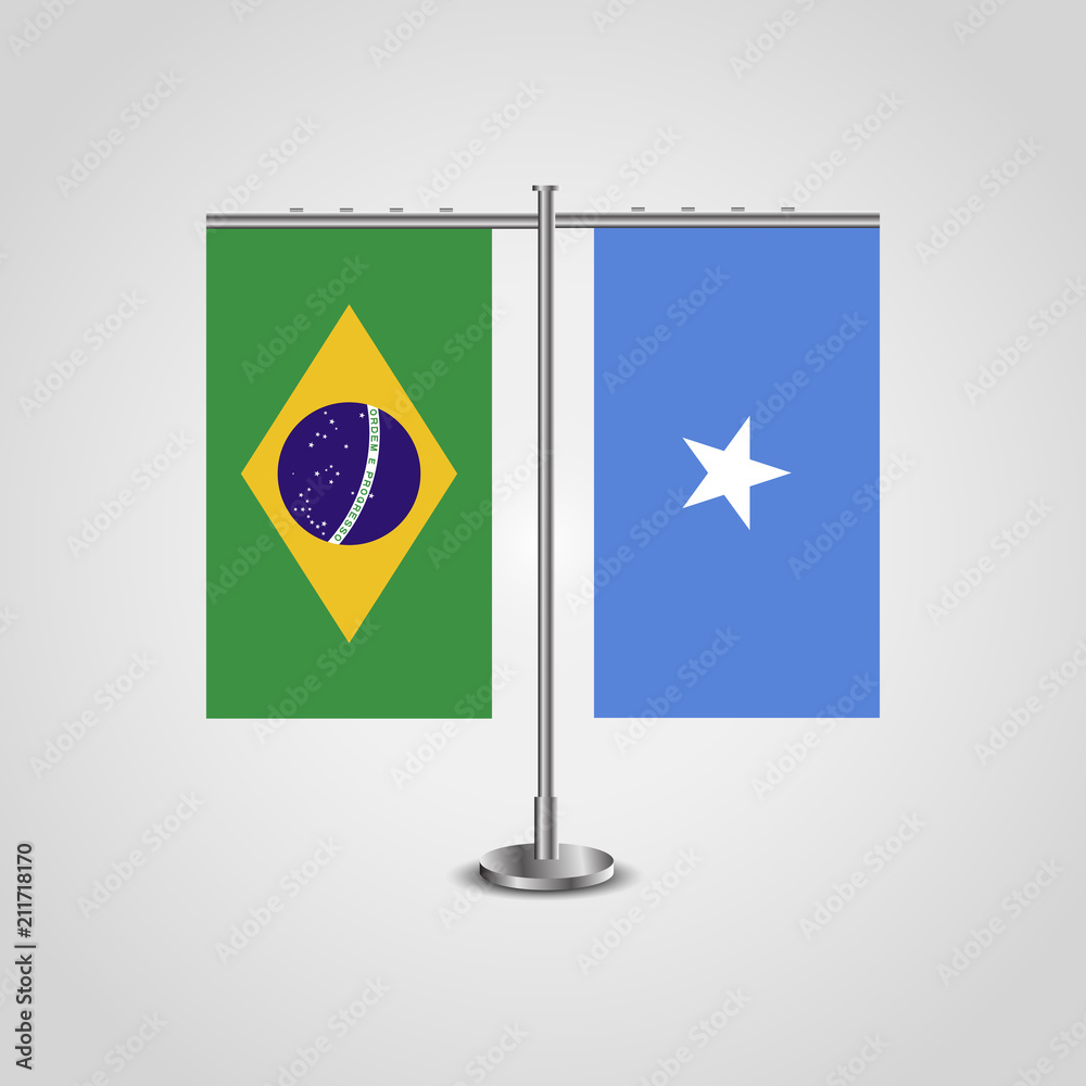 Table stand with flags of Brazil and Somalia.Two flag. Flag pole ...
