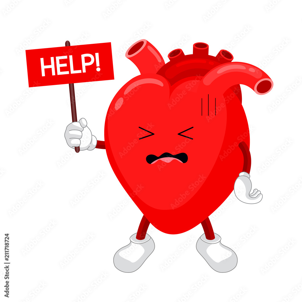 Cartoon character sadness heart with nameplate help. Unhealthy heart ...
