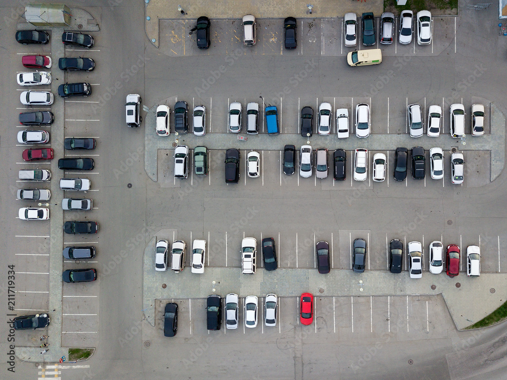 Aerial view of a large number of cars of different brands and colors ...