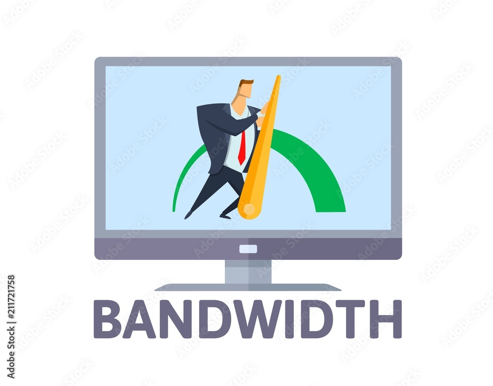Bandwidth. Man pushing efficiency arrow on computer screen. Wideband ...