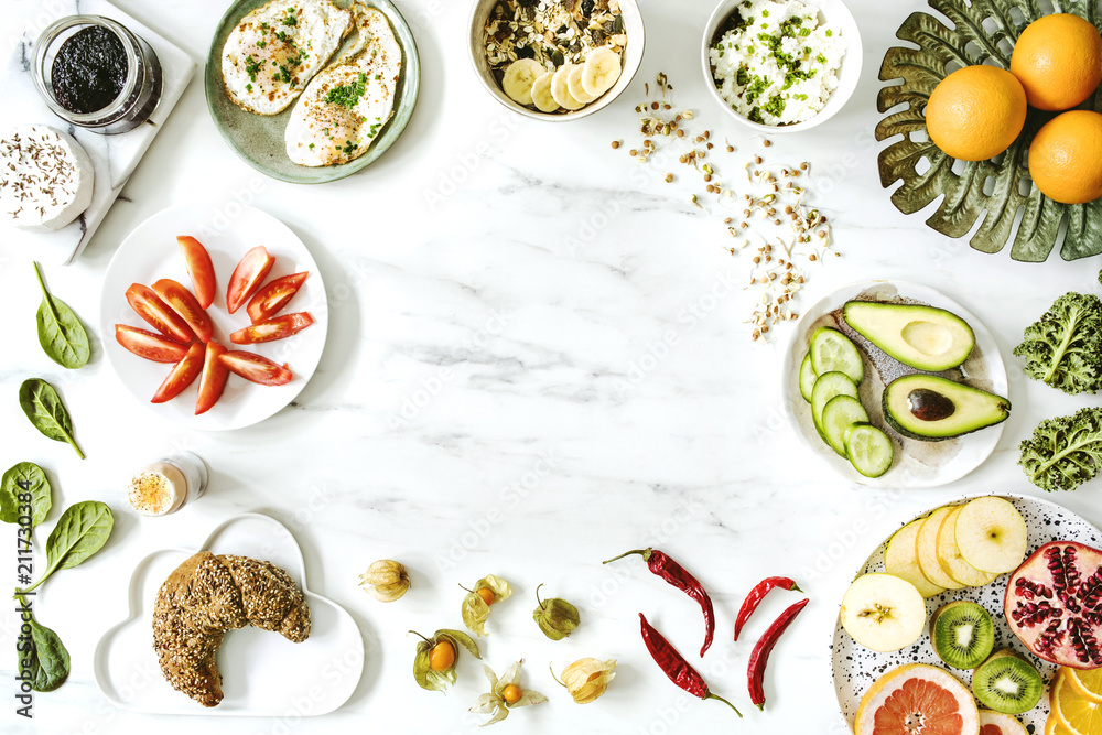 Photography of variuos bio fruits and vegetables on the marble table ...