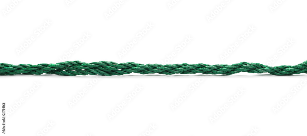 Green synthetic cord, string, rope isolated on white background texture ...