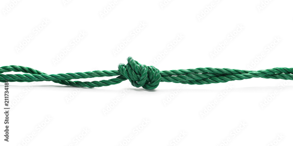 Green synthetic cord, string, rope isolated on white background texture ...