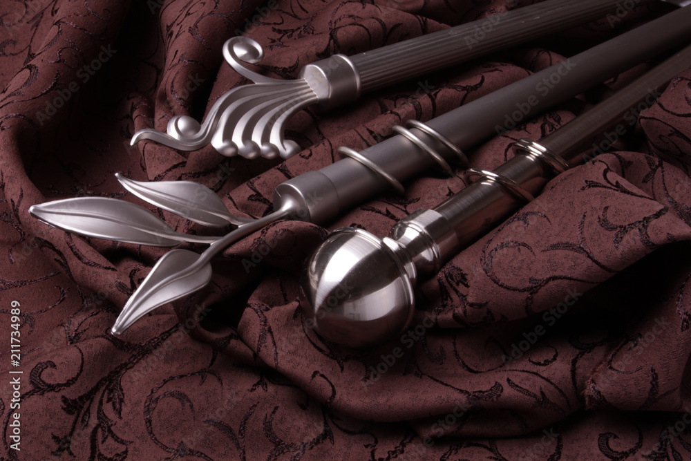 Metal ending for cornices and the folded fabric. Curtain rod and ...
