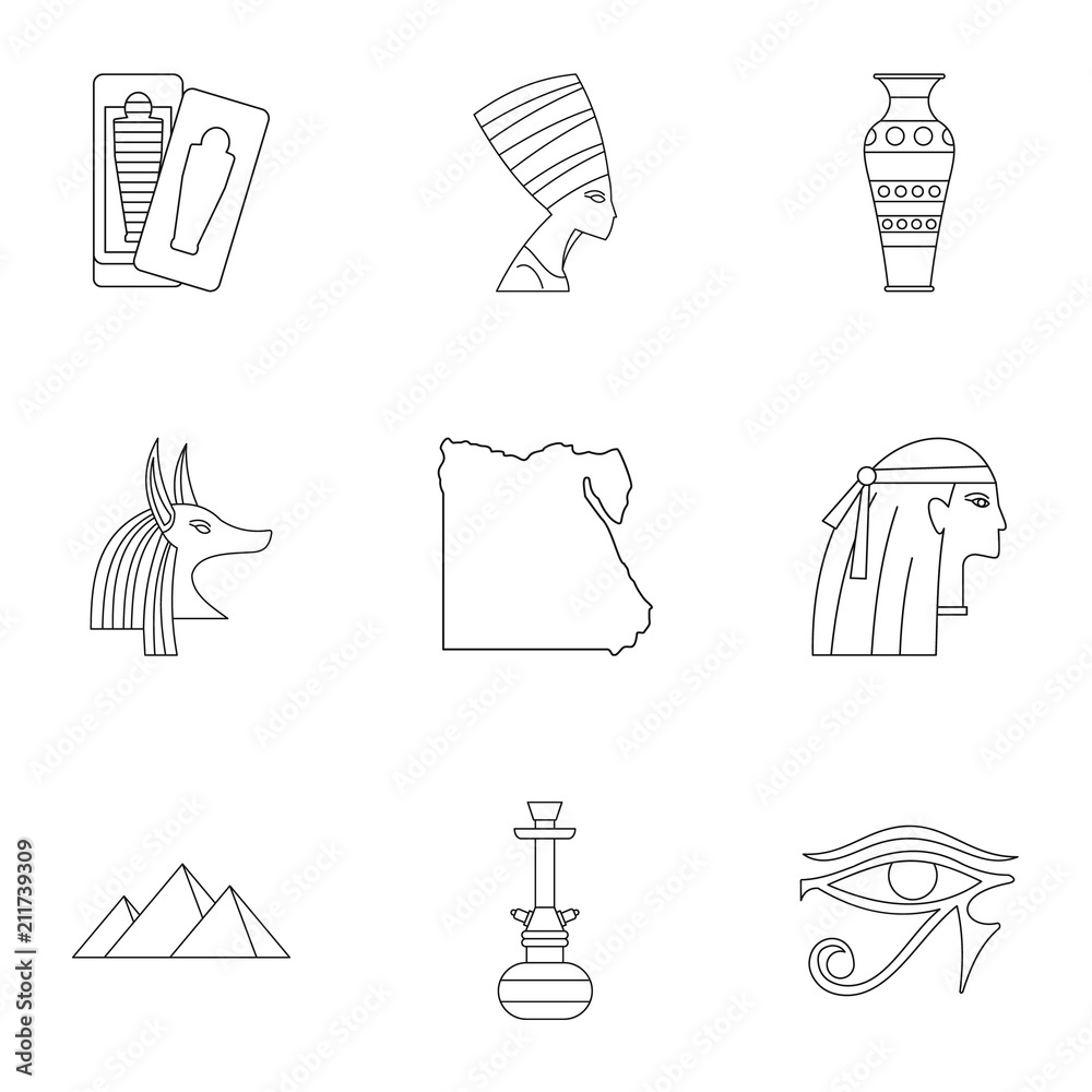 Pharaon of Egypt icons set. Outline set of 9 pharaon of Egypt vector ...