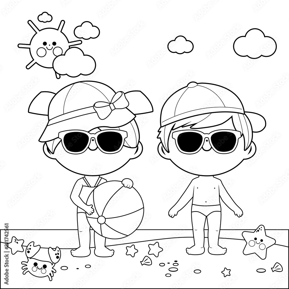 Children at the beach with hats and sunglasses. Vector black and white ...