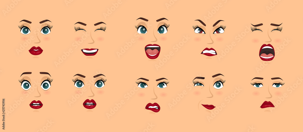 Vetor de Women facial expressions, gestures, emotions happiness ...