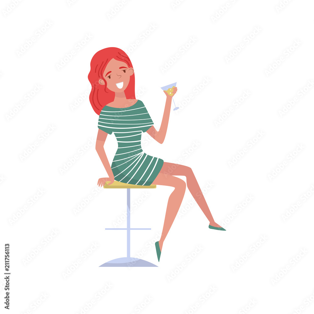 Smiling redhead drunk young woman cartoon character, girl sitting on ...