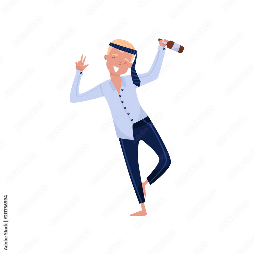 Smiling drunk businessman cartoon character, man standing with bottle ...