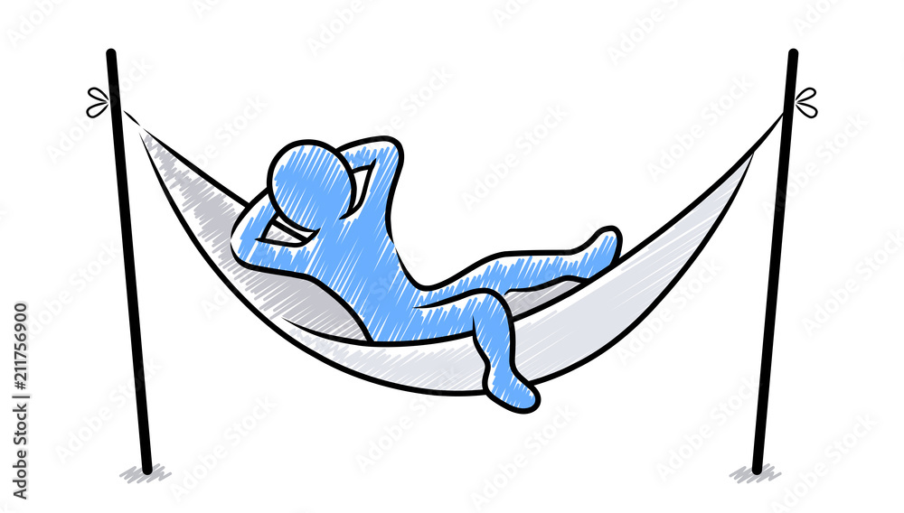 Blaues Männchen entspannt mit verschränkten Armen in einer Hängematte ...