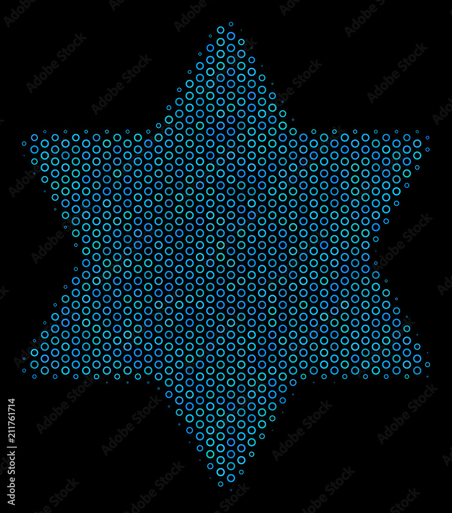 Halftone Six pointed star mosaic icon of spheric bubbles in blue color ...