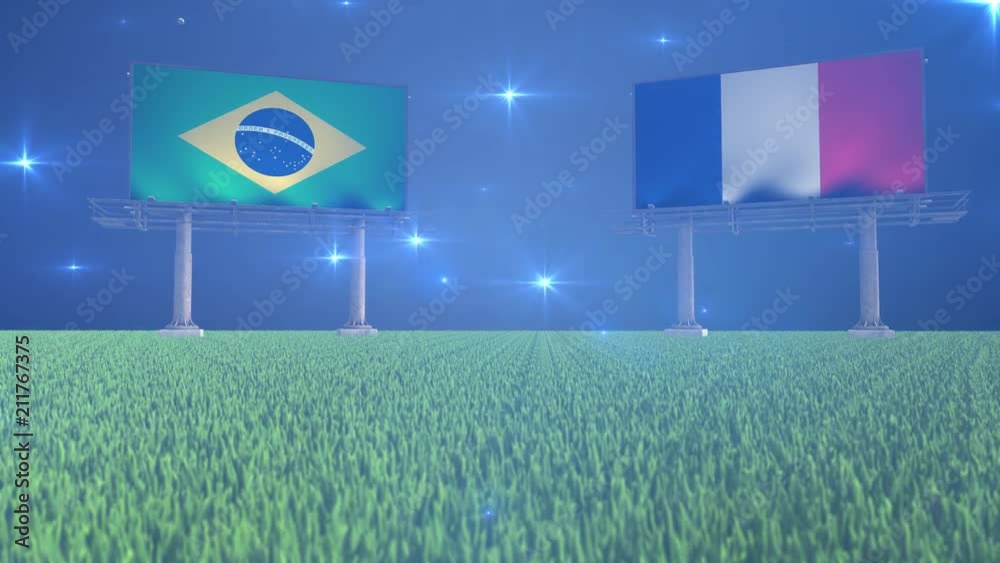 3d animated soccer ball bouncing in front of billboards with the flags ...