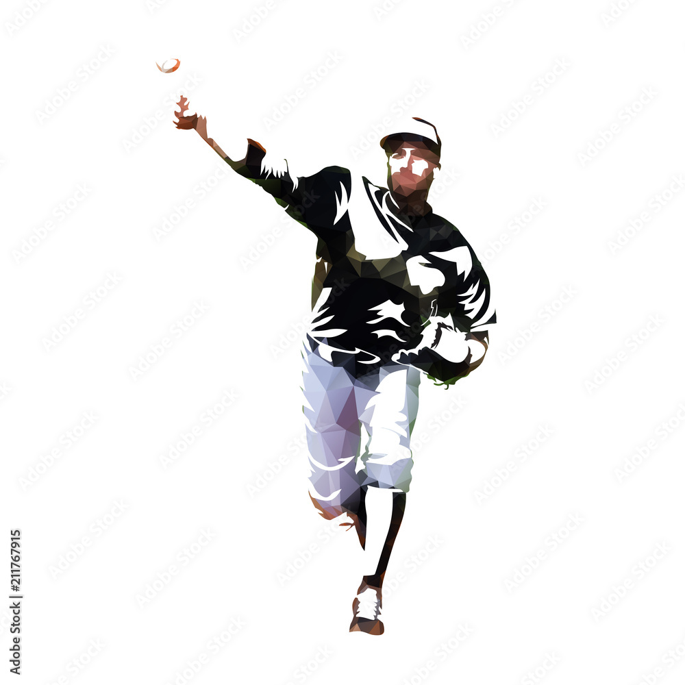 Baseball pitcher throwing ball, isolated low poly vector illustration ...